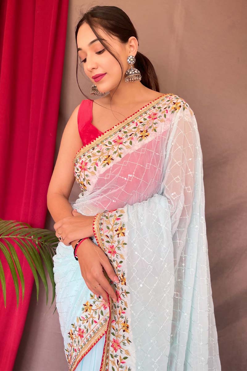 Tropical Blue Embroidered Sequence Work Georgette Saree – GLAM RANI